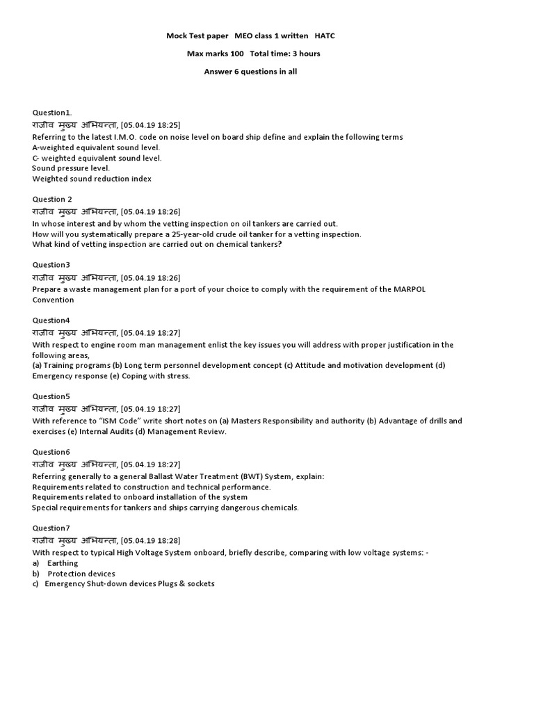 Class Notes Questions Class 1 | PDF | Oil Tanker | Internal Combustion ...