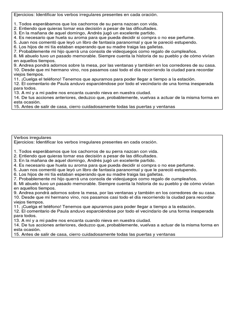 Ejercicios de Verbos Irregulares | PDF | Ocio | Deportes