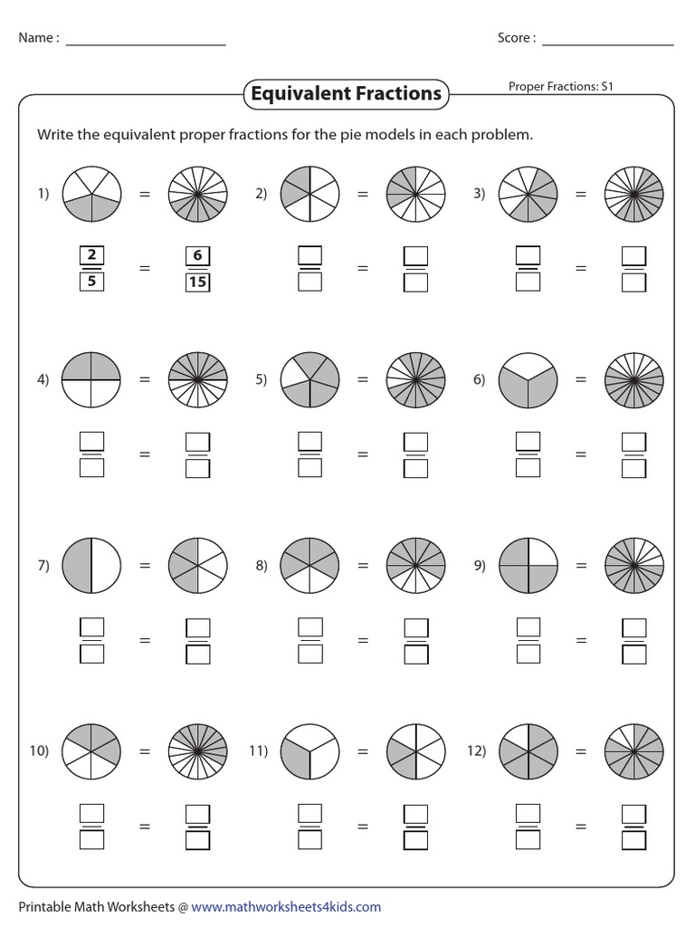 Equivalent Fractions: Write The Equivalent Proper Fractions For The Pie ...
