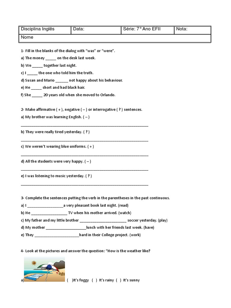 Prova De Inglês 7 Ano 1 Bimestre Pdf