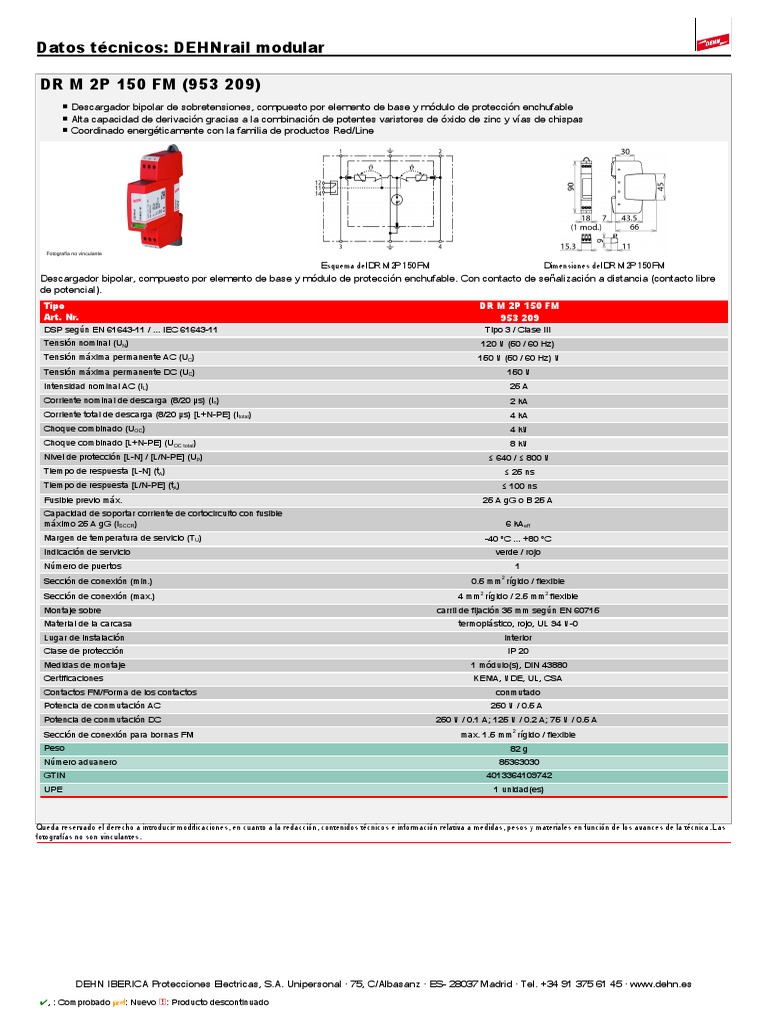 Datos Técnicos: Dehnrail Modular DR M 2P 150 FM (953 209) | PDF | Fusible (Eléctrico) | Electricidad
