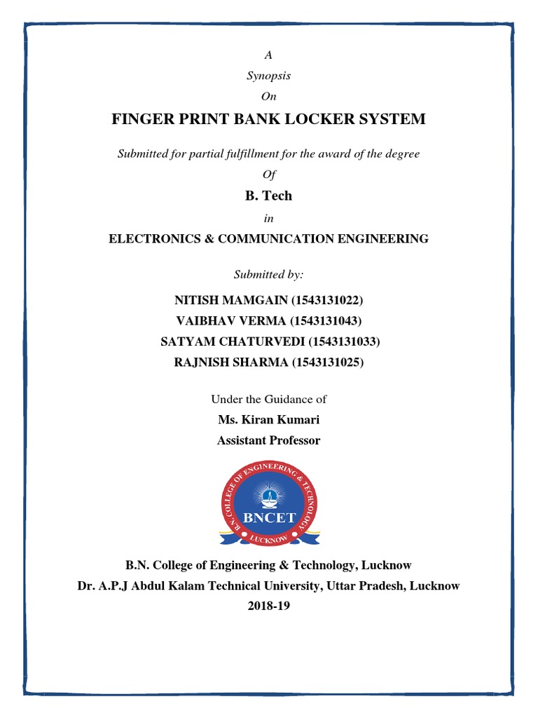 Finger Print Bank Locker System: A Synopsis On | PDF