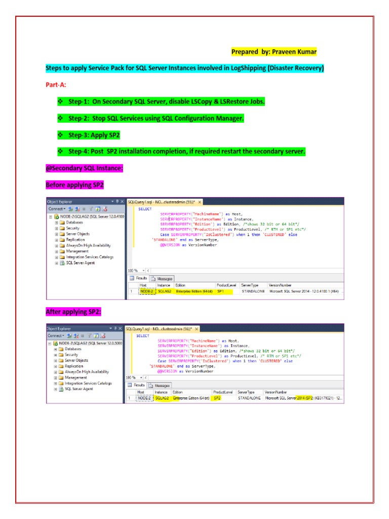 Steps To Apply Service Pack For SQL Server Instances Involved in LogShipping | PDF