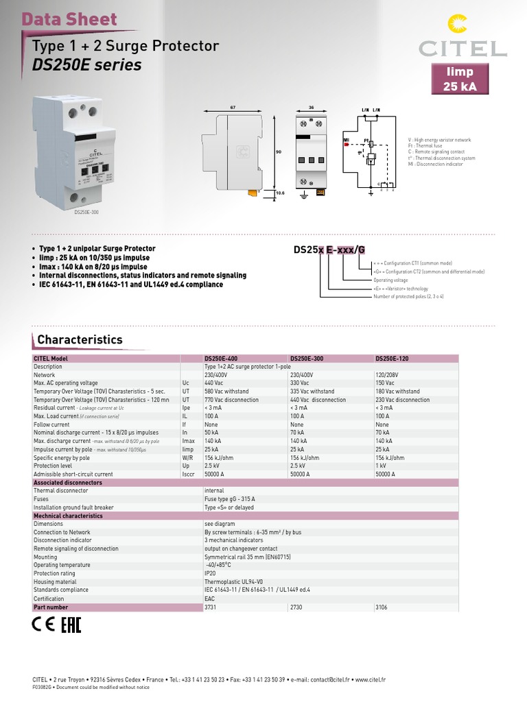 DS250E Series Surge Protector Data Sheet | PDF | Fuse (Electrical) | Electrical Equipment