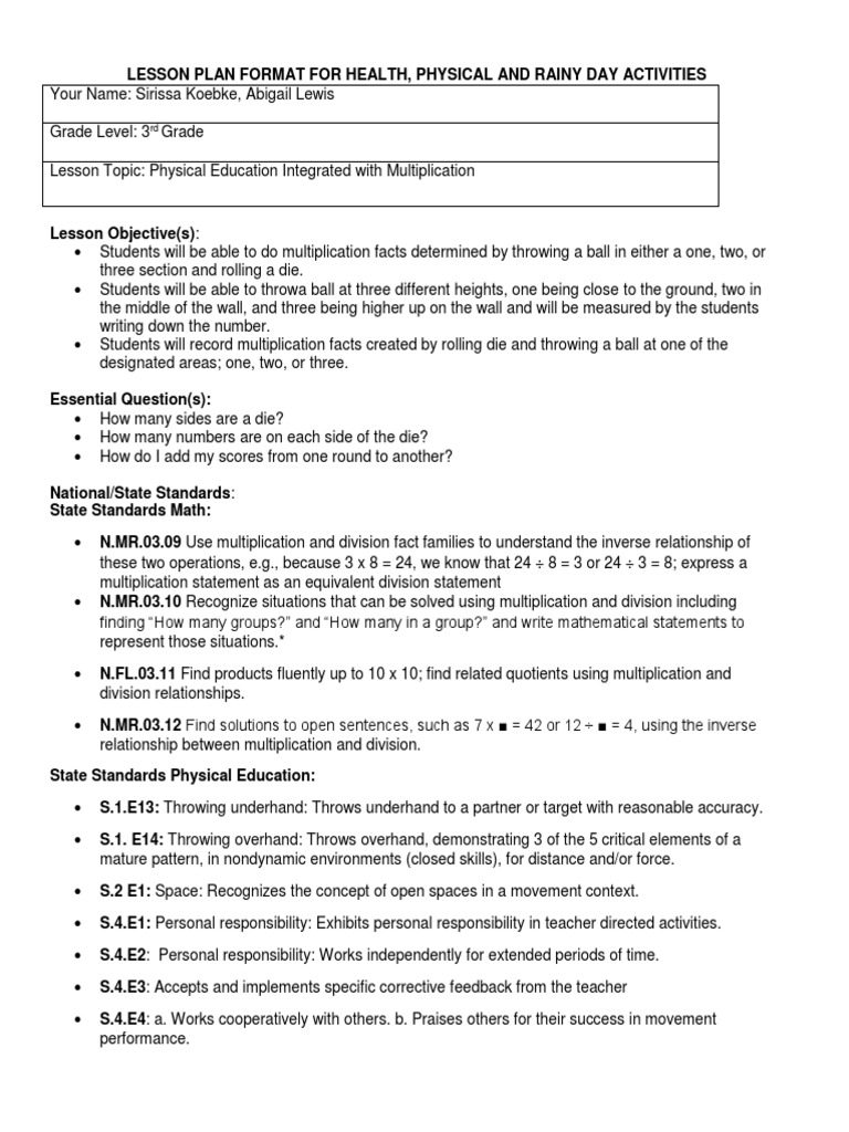 Lesson Plan Format For Health, Physical and Rainy Day Activities | PDF ...