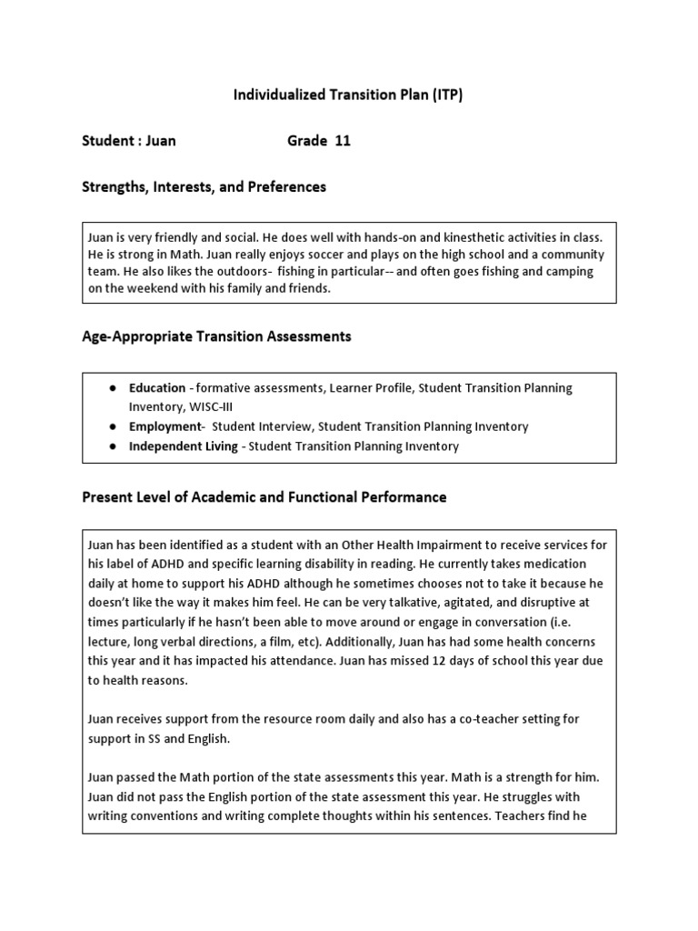Copy of Juans Individualized Transition Plan Itp | PDF | Reading ...