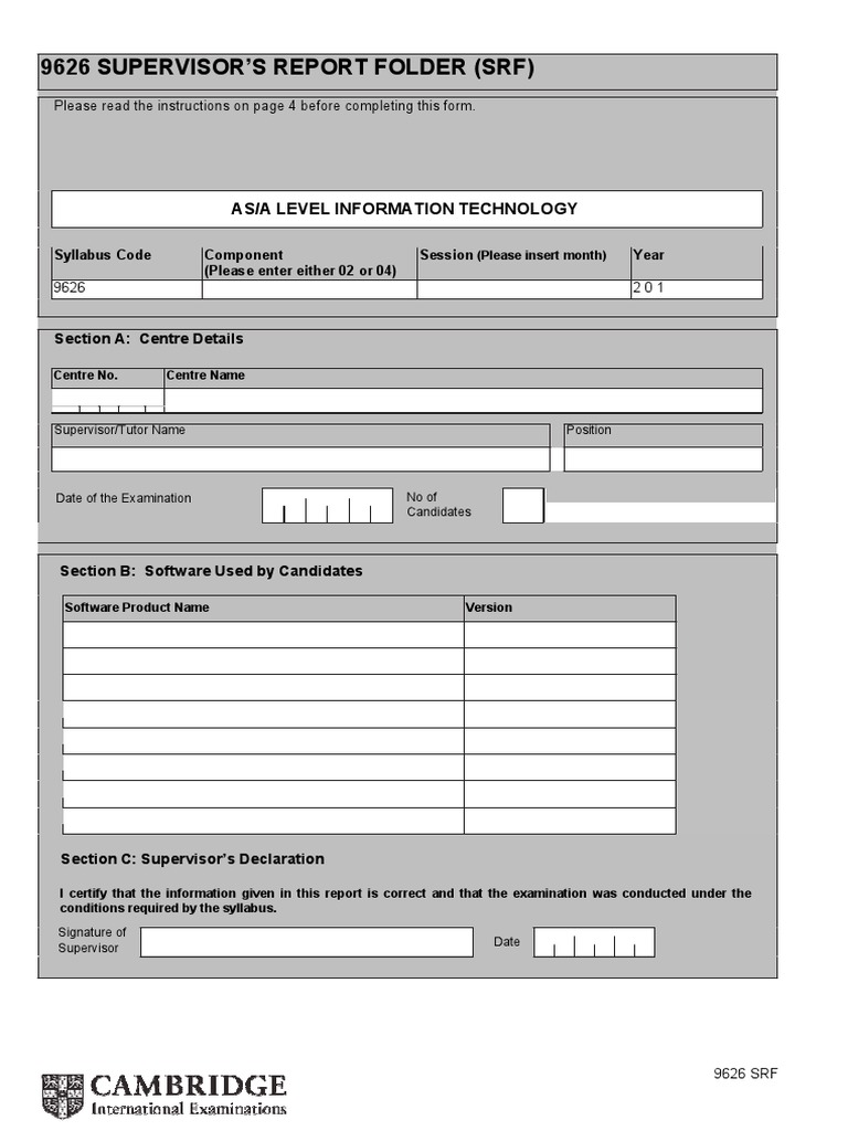 9626 Supervisor'S Report Folder (SRF) : As/A Level Information ...