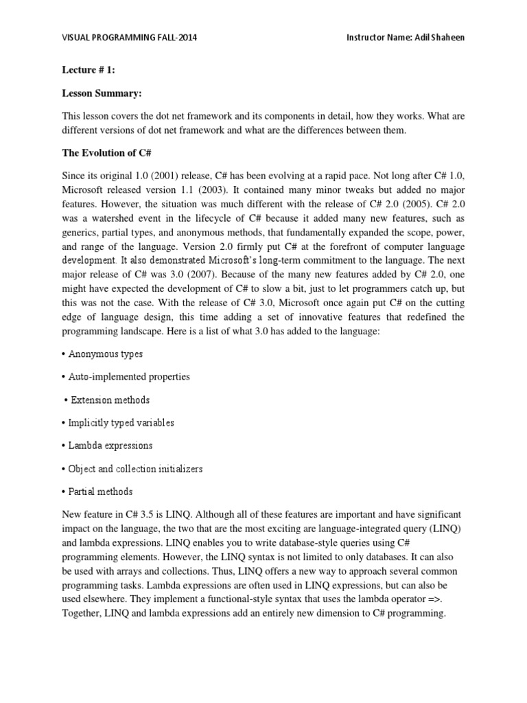 Lecture # 1: Lesson Summary:: Visual Programming Fall-2014 Instructor Name: Adil Shaheen | PDF ...