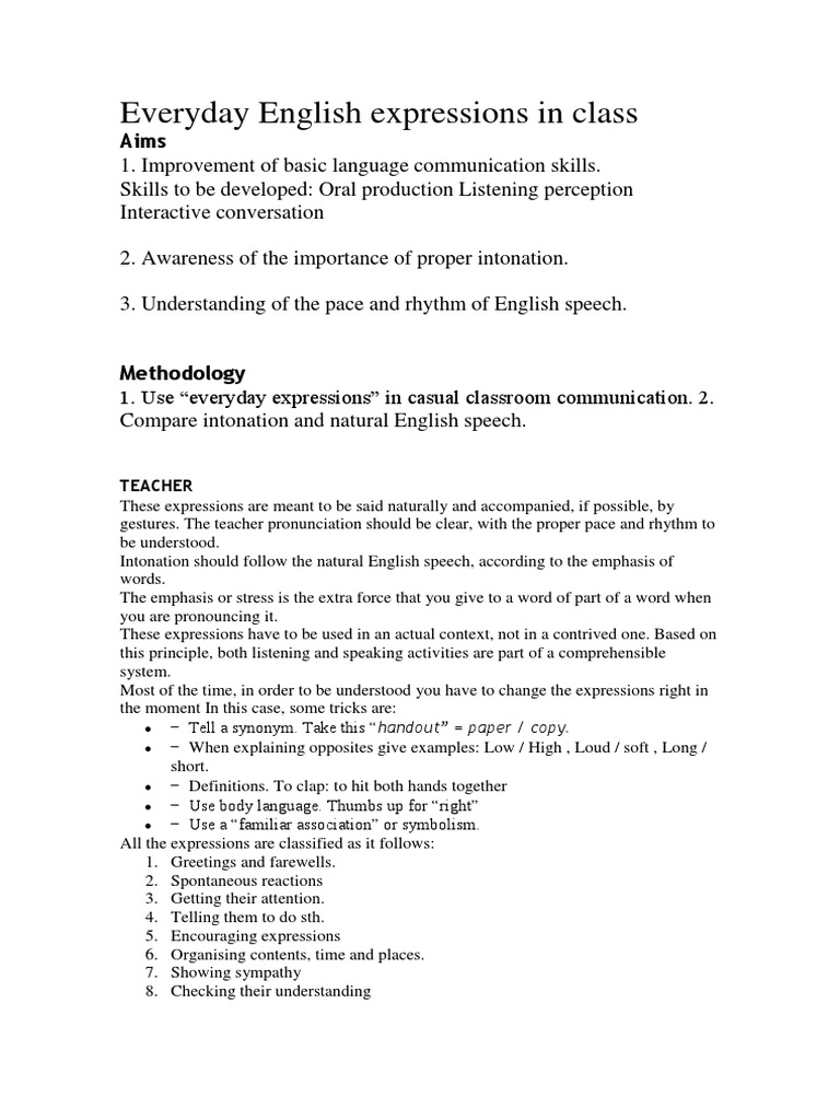 Everyday English Expressions in Class: Teacher | PDF | Stress ...