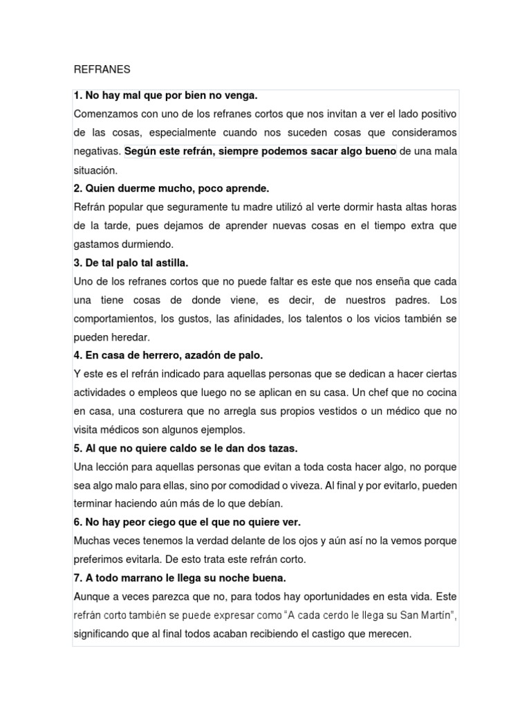 20 Refranes Cortos y su Significado | PDF | Proverbio