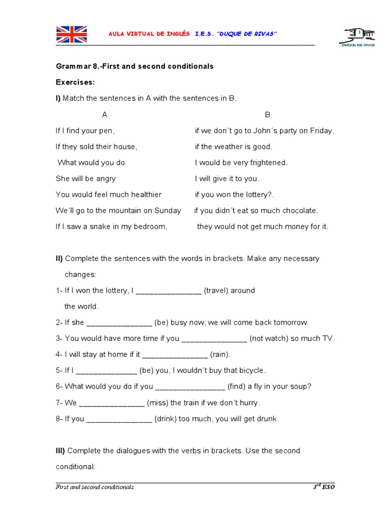 Grammar 8 First and Second Conditionals. Exercises and Answer Key PDF ...