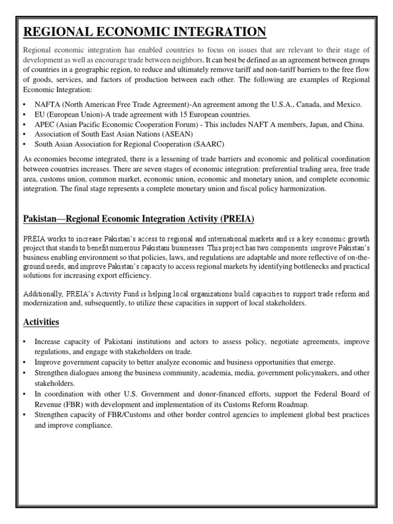 Pakistan-Regional Economic Integration Activity (PREIA) | PDF | Regional Integration ...