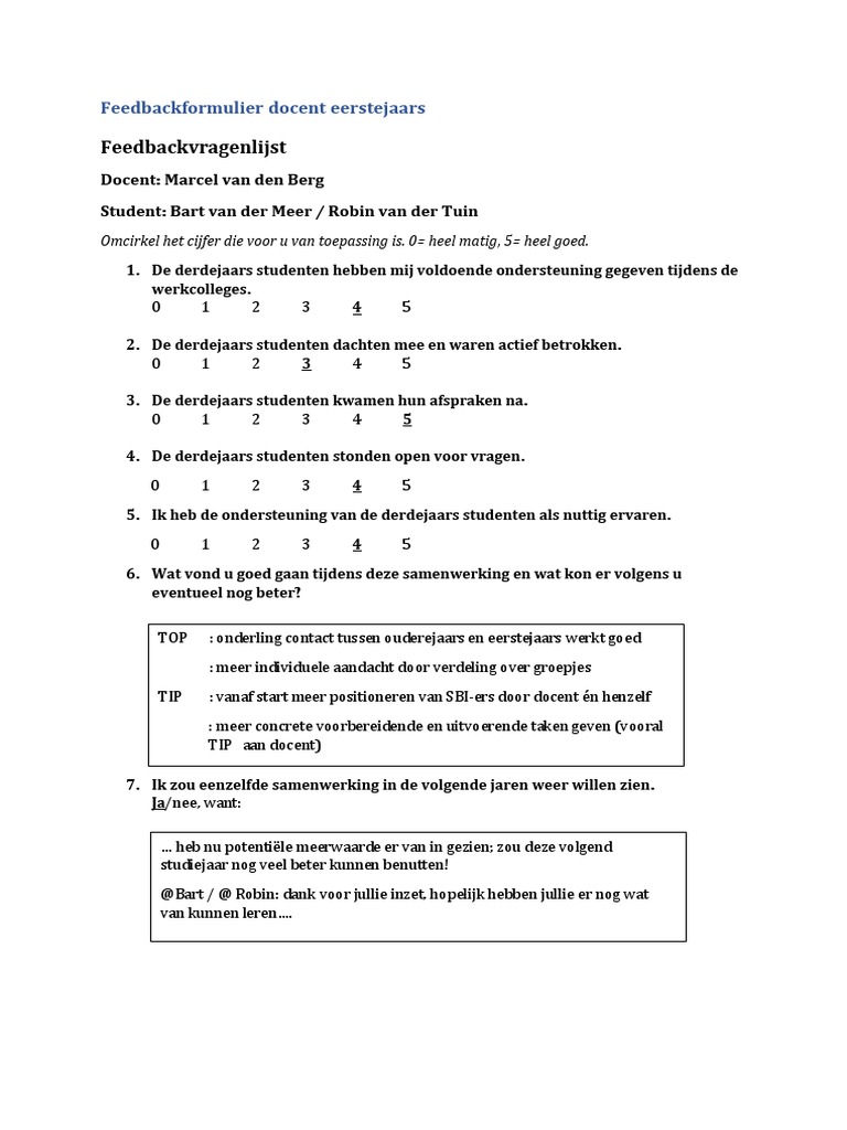 Feedbackformulier Docent Eerstejaars | PDF
