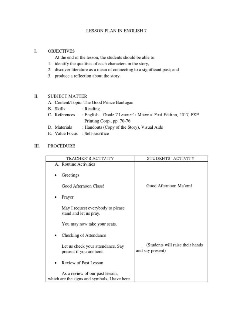 LESSON PLAN IN ENGLISH 7 (Final Demo) | PDF | Hero | Epic Poetry