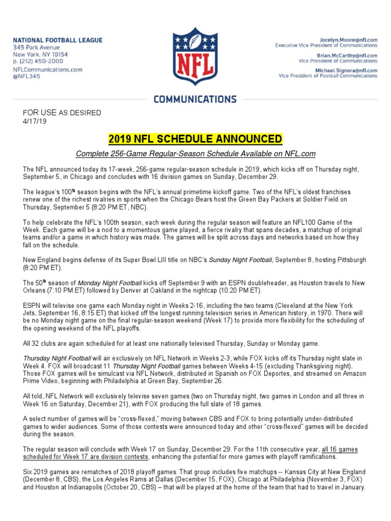2019-2020 NFL Schedule | PDF | National Football League | New York Giants