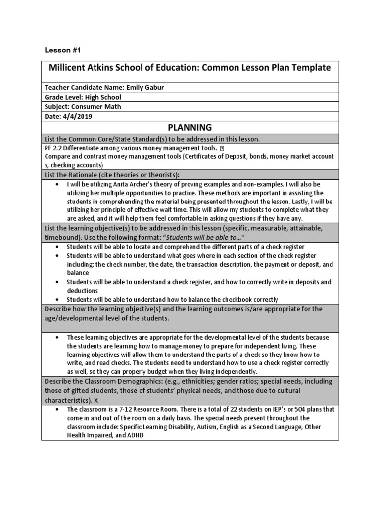 Millicent Atkins School of Education: Common Lesson Plan Template | PDF ...