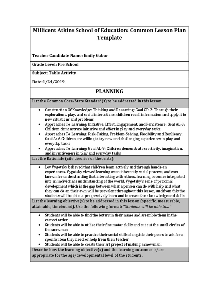 Millicent Atkins School of Education: Common Lesson Plan Template | PDF ...