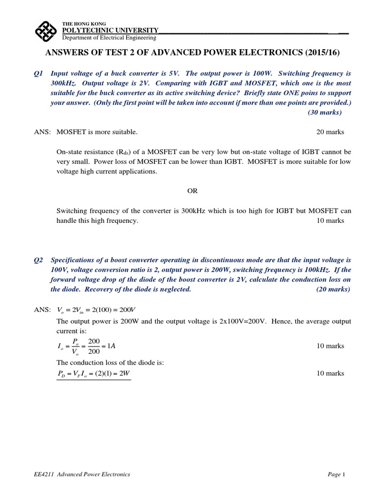 Advanced Power Electronics Test Answers | PDF | Power Electronics ...