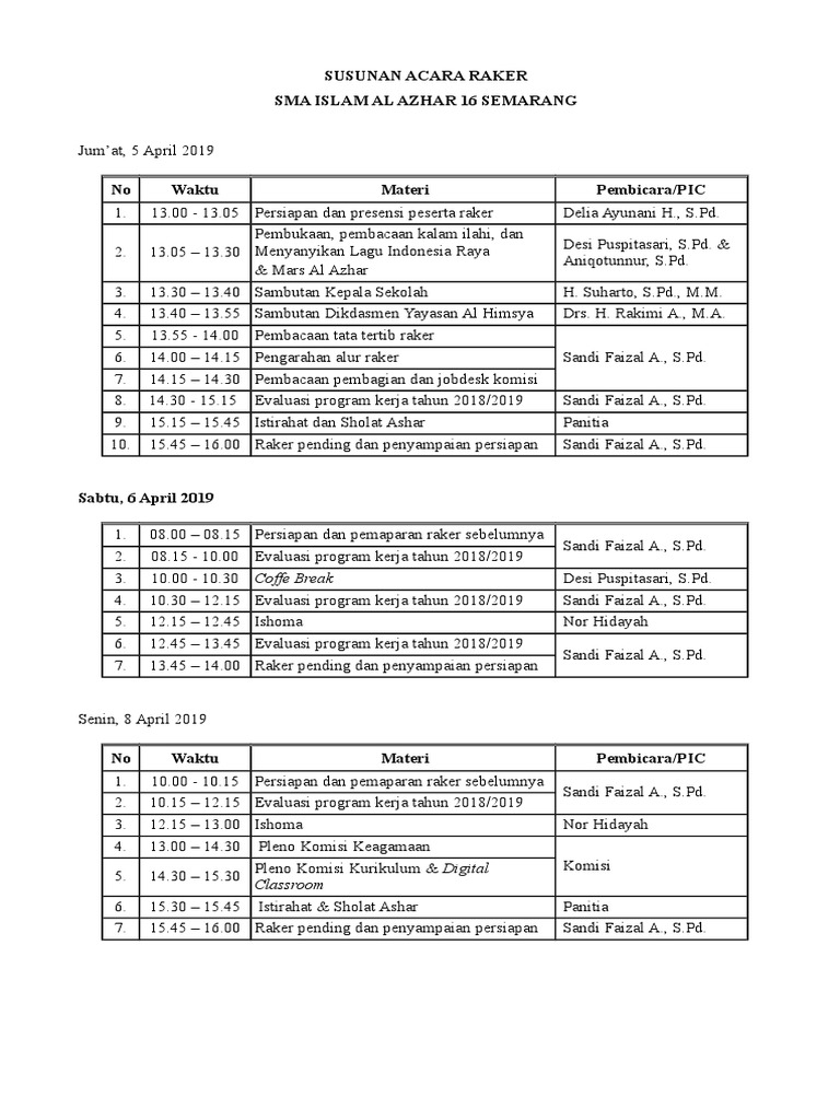 Jadwal Raker SMA | PDF