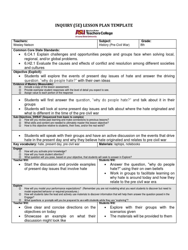 Inquiry 5e Lesson Plan Template | PDF | Lesson Plan | Learning