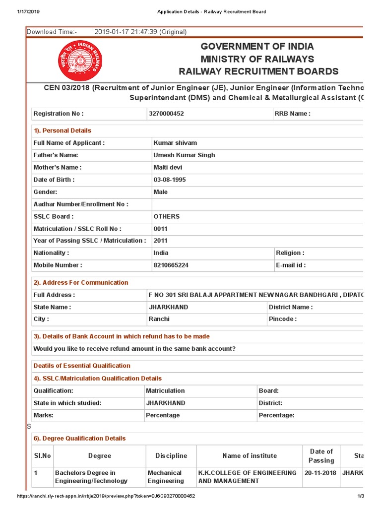 RRB Junior Engineer Application Details | PDF | Government