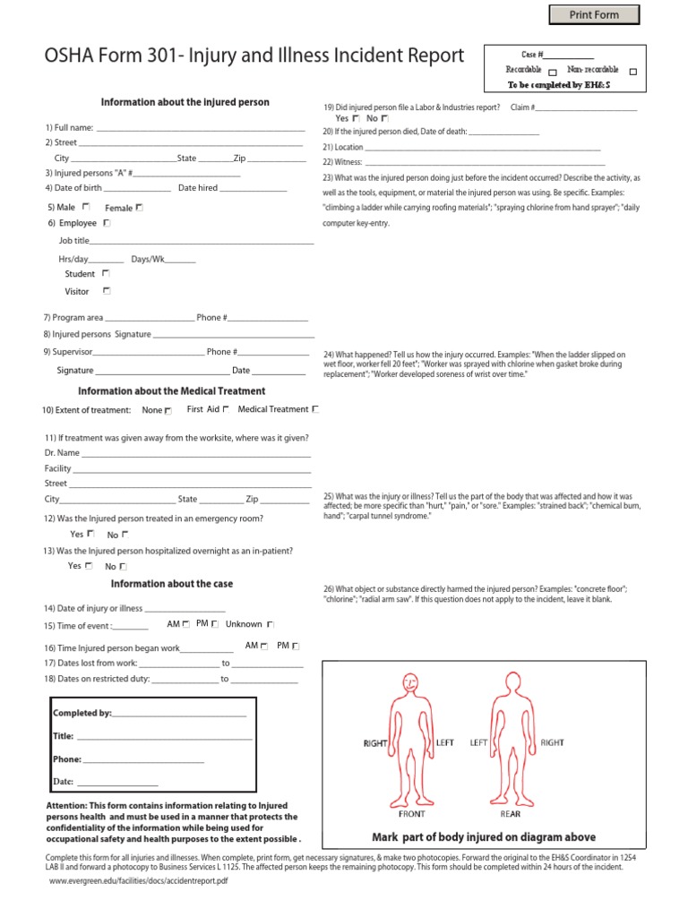 OSHA Form 301-Injury and Illness Incident Report: Information About The ...