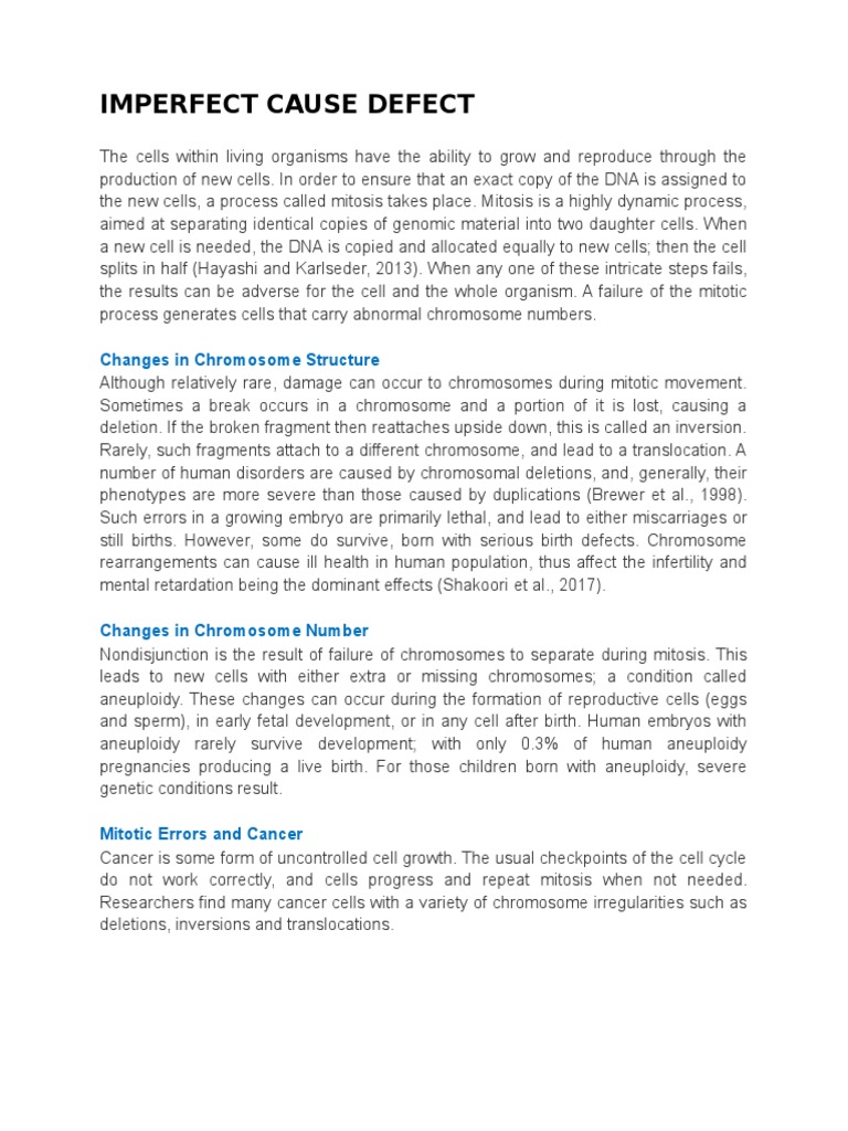 Topic 6 - Imperfect Cause Defect | PDF | Mitosis | Chromosome