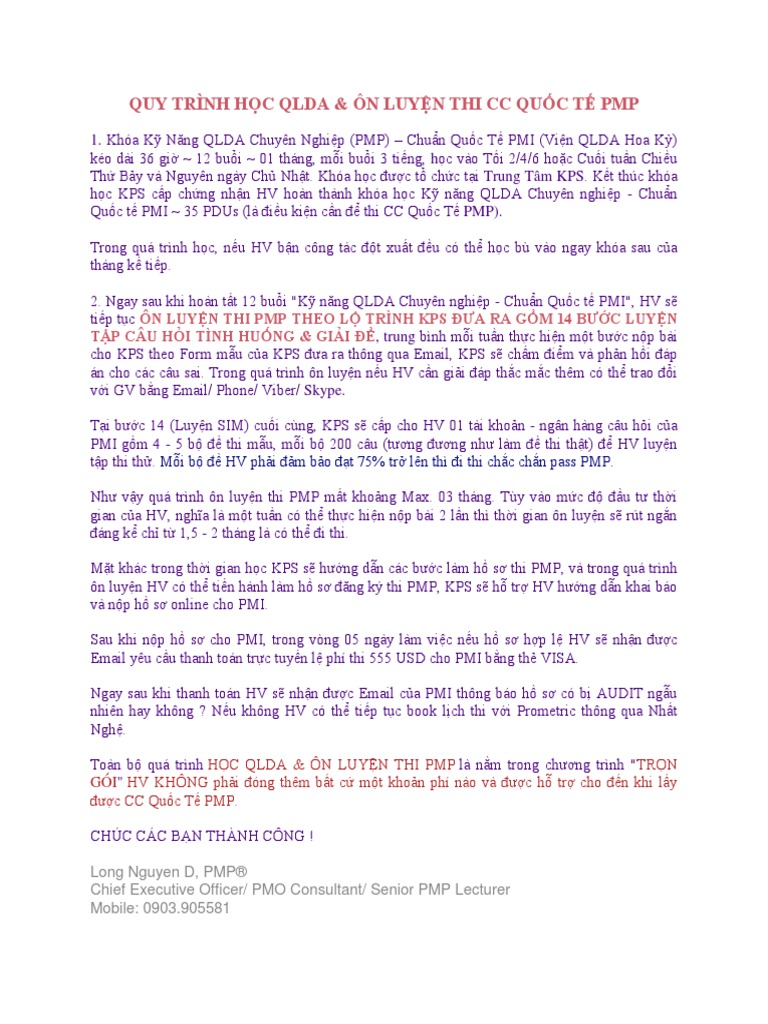 1b. Quy Trình Học QLDA & Ôn Luyện Thi CC Quốc Tế PMP PDF | PDF