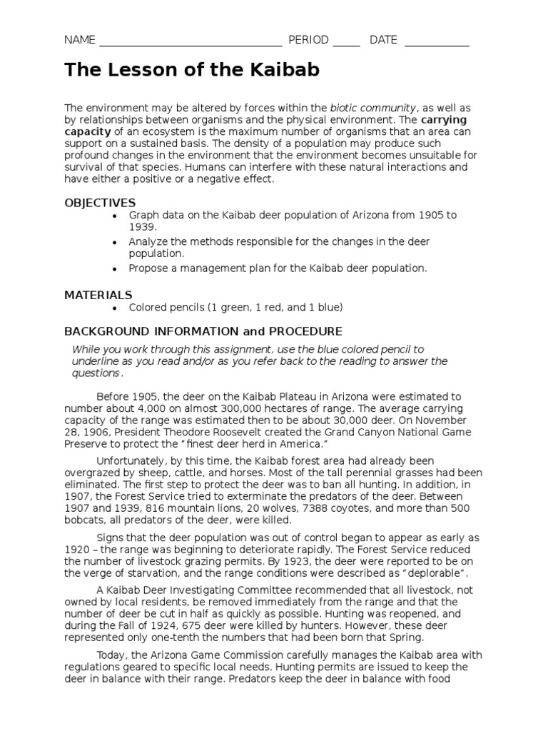 Lab The Lesson of The Kaibab Carrying Capacity | PDF | Hunting | Ecology Lab The Lesson of The Kaibab Carrying Capacity | PDF | Hunting | Ecology