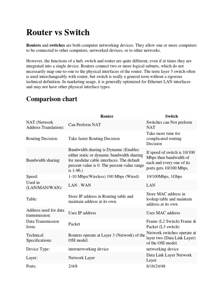 Router Vs Switch PDF | PDF | Network Switch | Router (Computing)