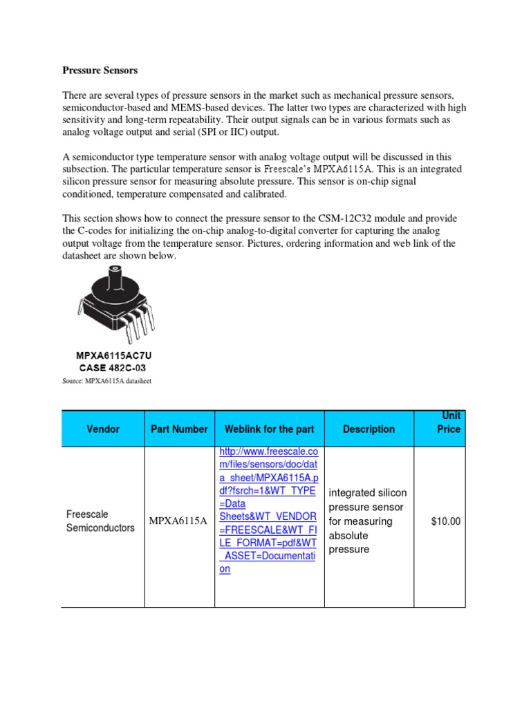 Pressure Sensors: Vendor Part Number Weblink For The Part Description ...