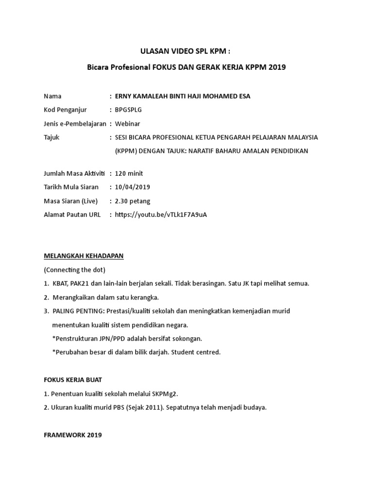 Ulasan Video SPL KPM Naratif Baharu Pendidikan | PDF