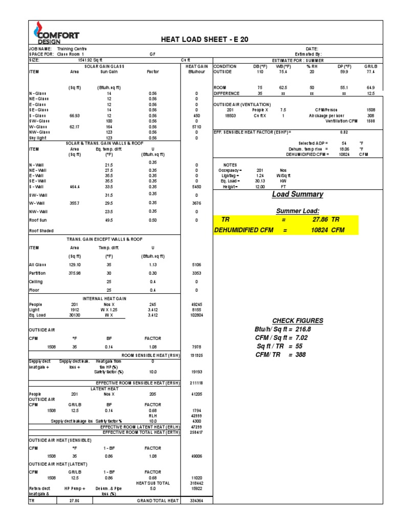 Heat Load Sheet - Individual Room | PDF | Home | Heating, Ventilating ...