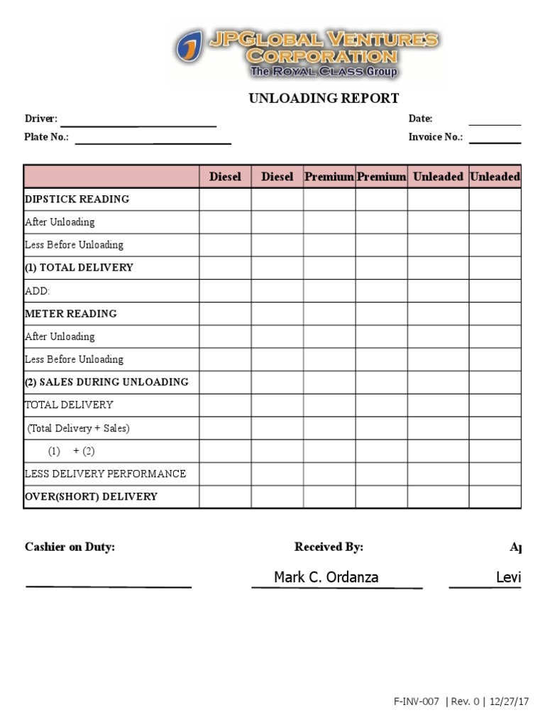 Unloading Report: Diesel Diesel Premium Premium Unleaded Unleaded | PDF ...