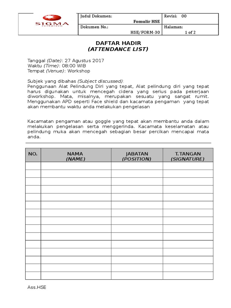 Formulir Daftar Hadir Tooolbox Meeting | PDF