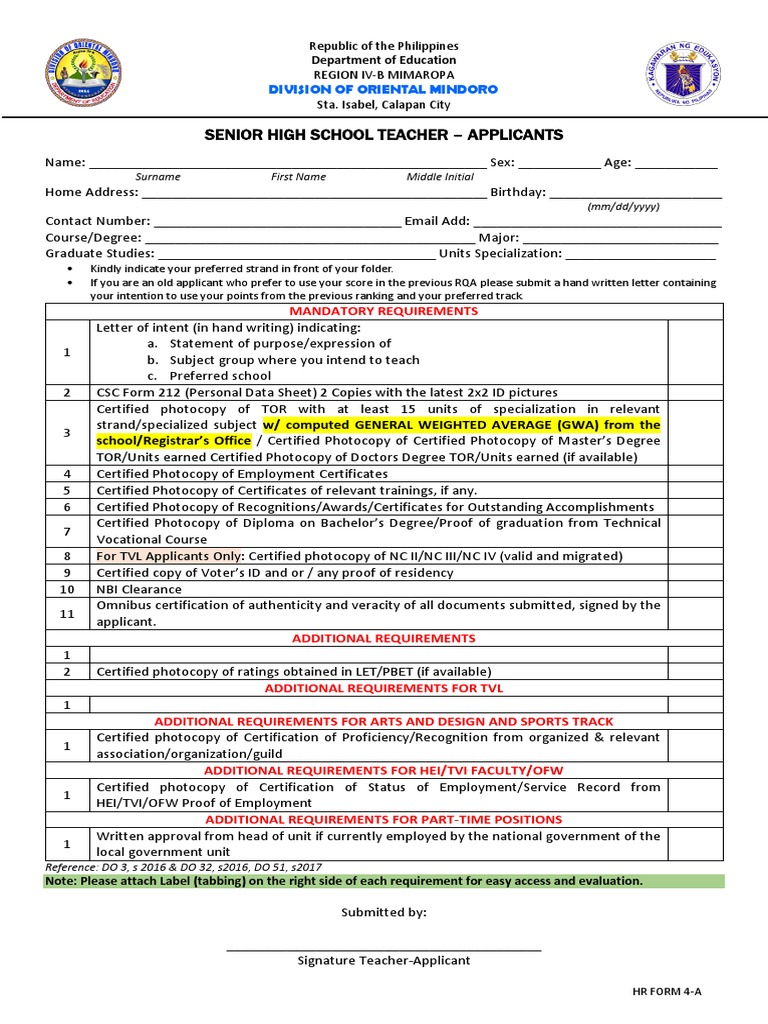 Senior High School Teacher Applicant Form | PDF | Academic Degree ...