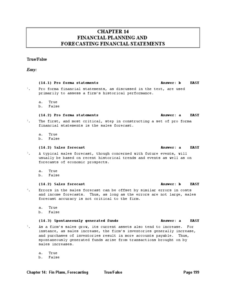 Financial Planning and Forecasting Financial Statements: True/False ...