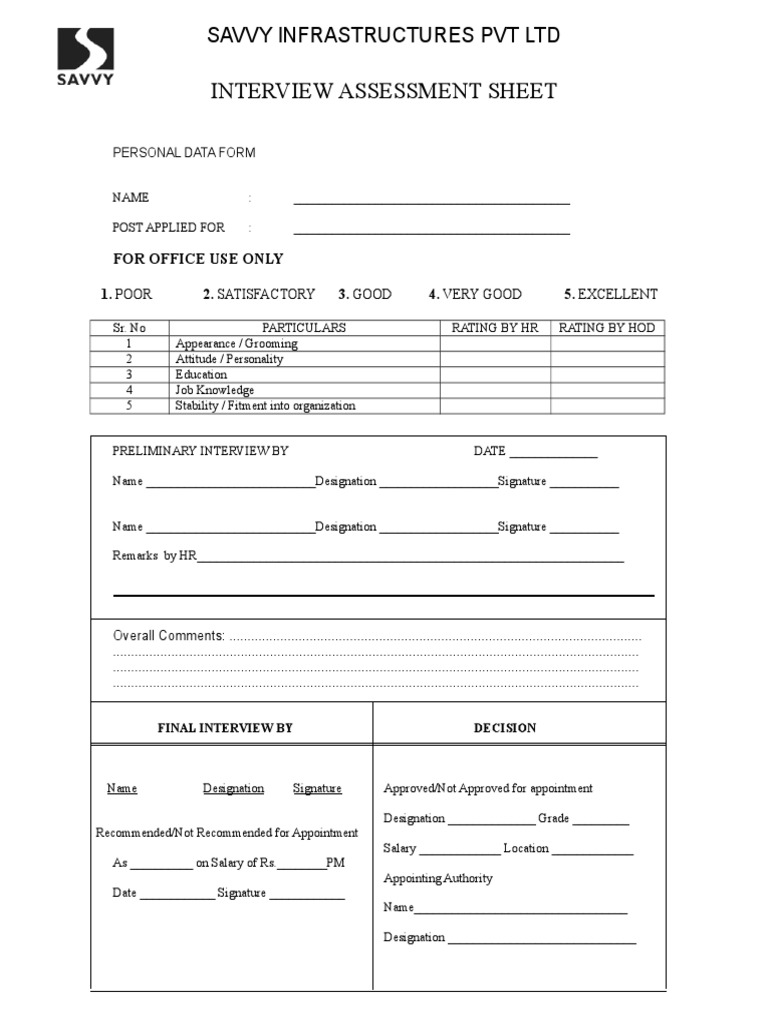 Interview Assessment Sheet: Savvy Infrastructures PVT LTD | PDF | Business