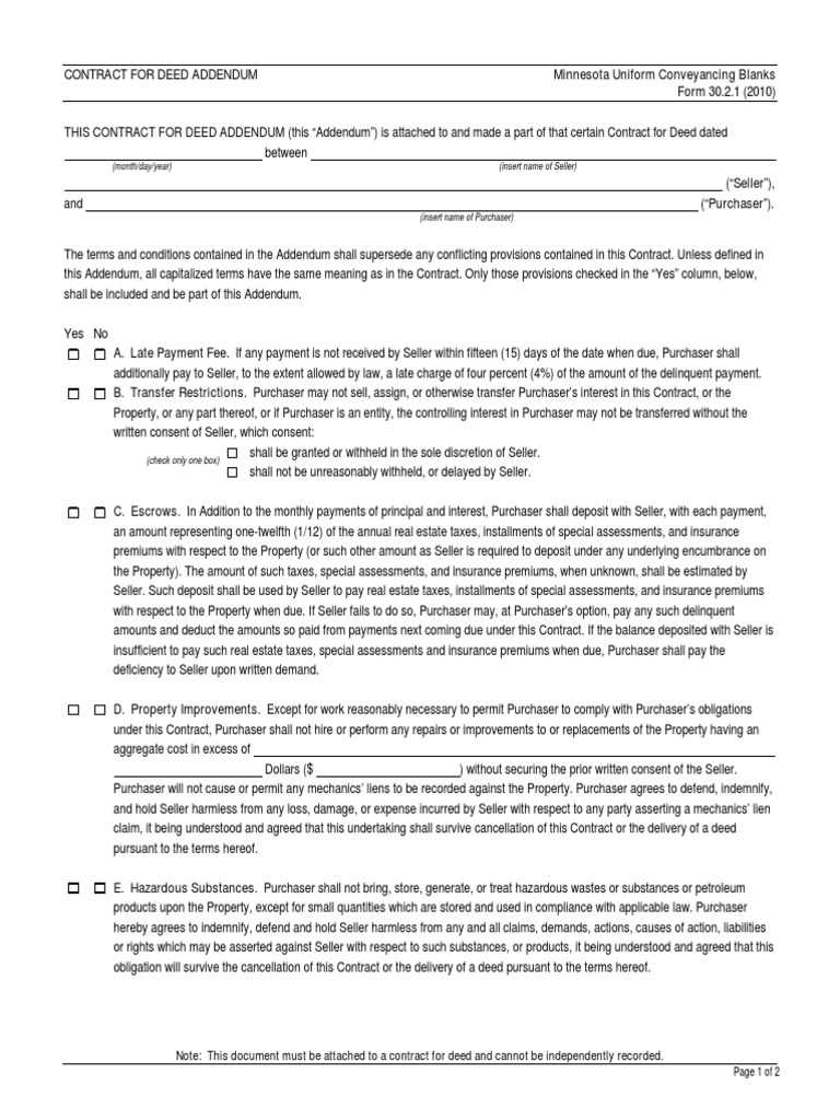 Contract For Deed Addendum Minnesota Uniform Conveyancing Blanks Form ...