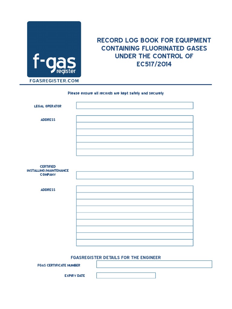 Record Log Book For Equipment Containing Fluorinated Gases Under The ...
