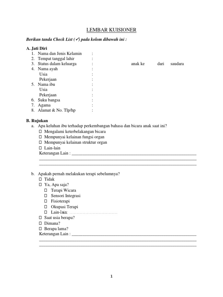 Lembar Kuisioner Terapi Wicara | PDF