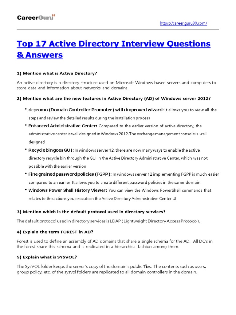 Top 17 Active Directory Interview Questions & Answers | PDF | Active Directory | Computer Network