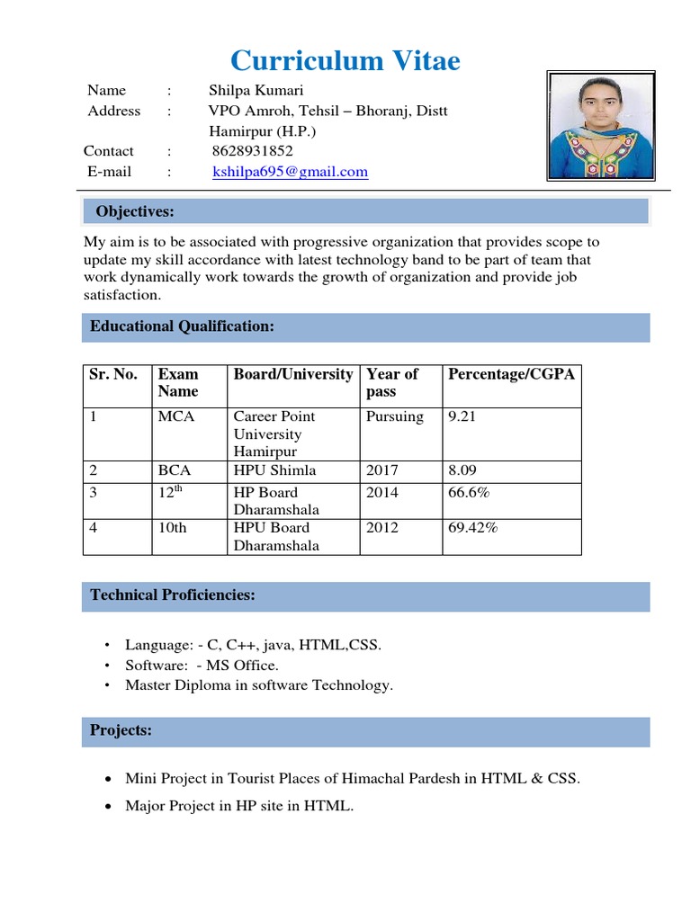 A Comprehensive Curriculum Vitae Highlighting Shilpa Kumari's Educational Qualifications ...