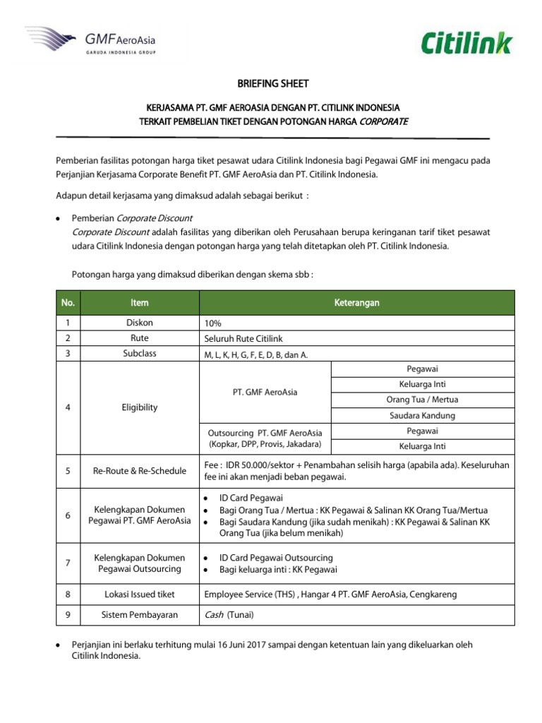 Briefing Sheet Kerjasama Citilink | PDF