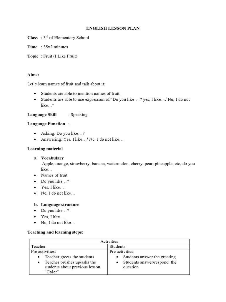 English Lesson Plan Class: 3 Time: 35x2 Minutes Topic: Fruit (I Like ...