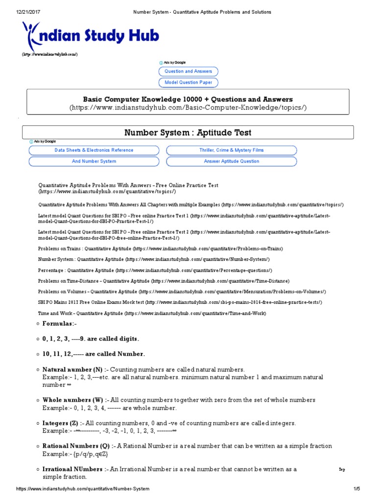 Number System - Quantitative Aptitude Problems and Solutions | PDF ...