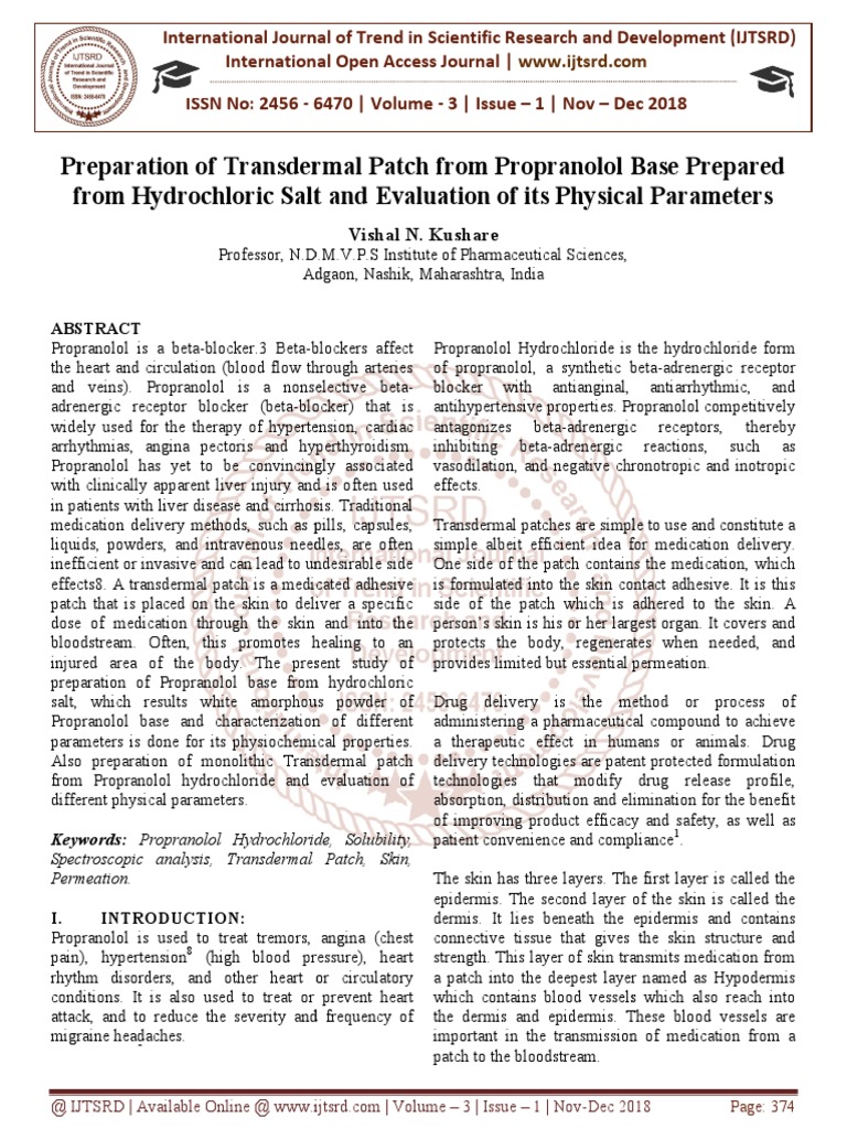 Preparation Of Transdermal Patch From Propranolol Base Prepared From Hydrochloric Salt And