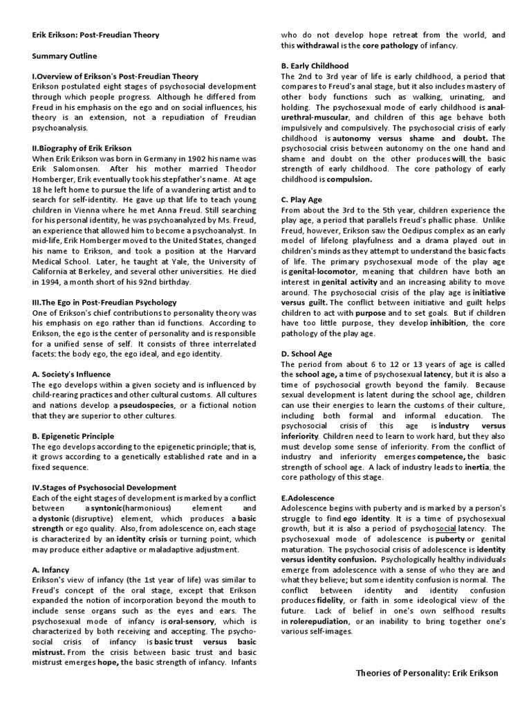9 - Erikson - Post-Freudian Theory | PDF | Id | Personality Psychology