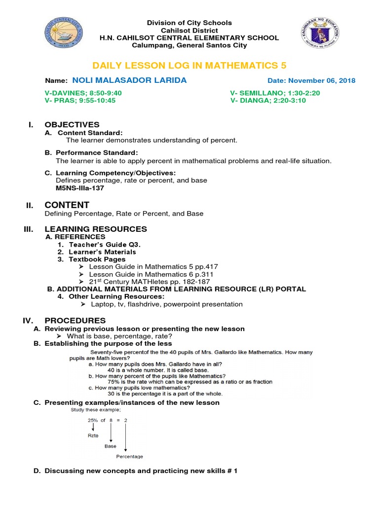 Grade 5 Daily Math Lesson Log | PDF | Percentage | Teaching Mathematics