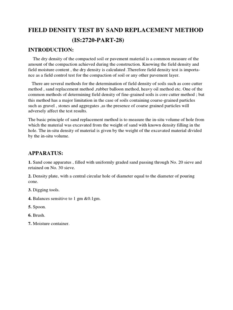 Field Density Test by Sand Replacement Method (IS:2720-PART-28) | PDF